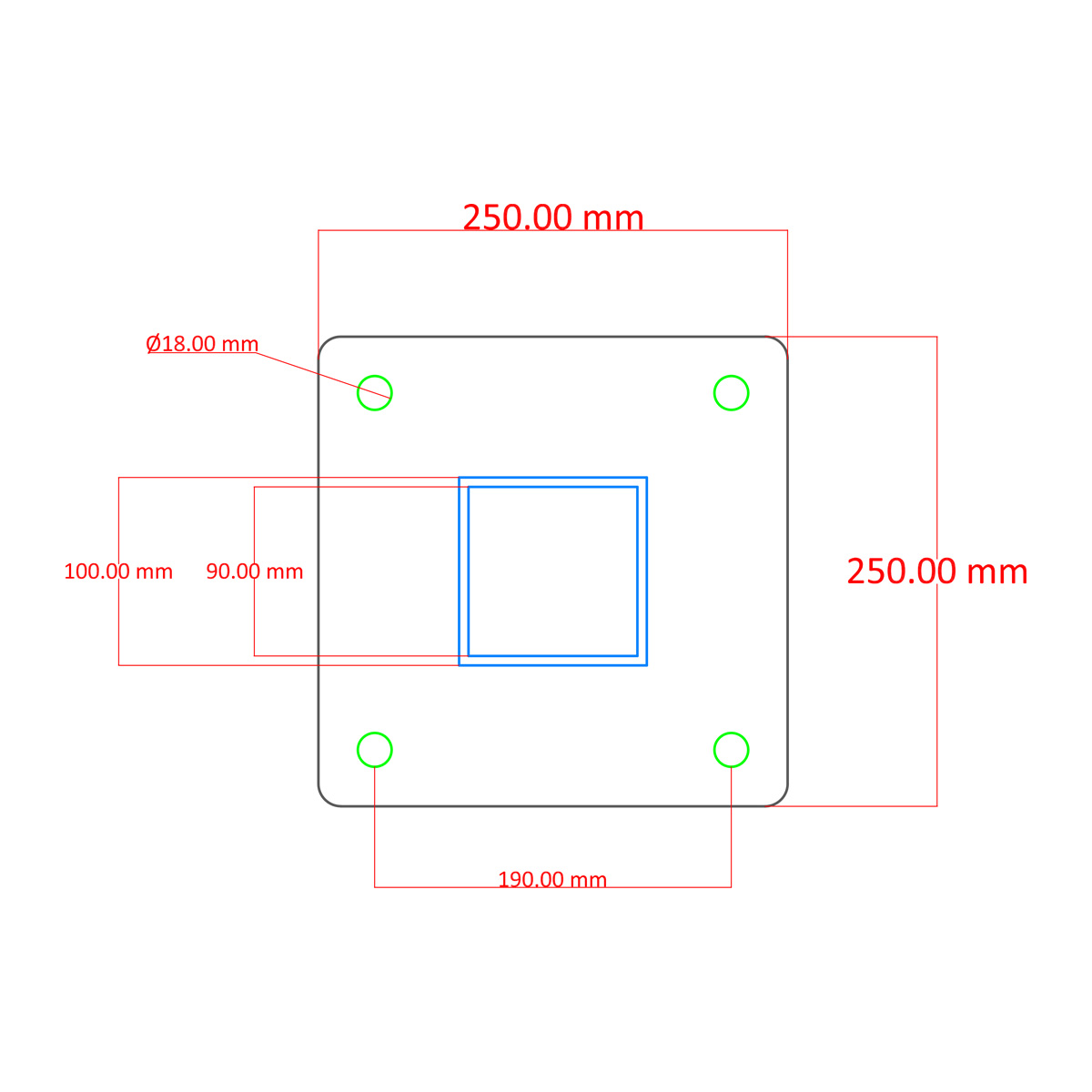 Pre-Drilled Plates: 250 x 250 x 10mm Plate C/W 4 x holes